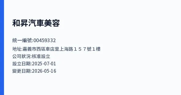 和昇汽車美容的照片-統編 00459332(嘉義市) 公司登記資料與營業項目詳細圖表