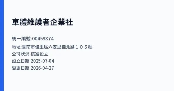 車體維護者企業社的照片-統編 00459874(臺南市) 公司登記資料與營業項目詳細圖表