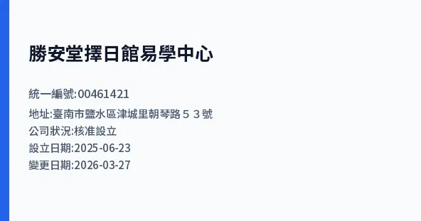 勝安堂擇日館易學中心的照片-統編 00461421(臺南市) 公司登記資料與營業項目詳細圖表