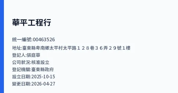 華平工程行的照片-統編 00463526(臺東縣) 公司登記資料與營業項目詳細圖表