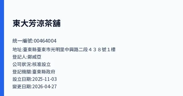 東大芳涼茶舖的照片-統編 00464004(臺東縣) 公司登記資料與營業項目詳細圖表