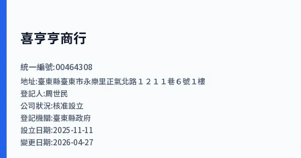 喜亨亨商行的照片-統編 00464308(臺東縣) 公司登記資料與營業項目詳細圖表