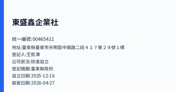 東盛鑫企業社的照片-統編 00465411(臺東縣) 公司登記資料與營業項目詳細圖表