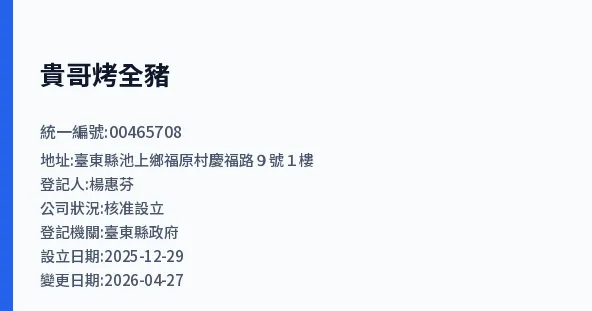 貴哥烤全豬的照片-統編 00465708(臺東縣) 公司登記資料與營業項目詳細圖表