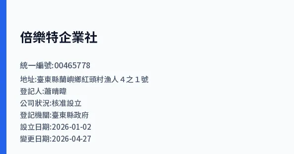 倍樂特企業社的照片-統編 00465778(臺東縣) 公司登記資料與營業項目詳細圖表