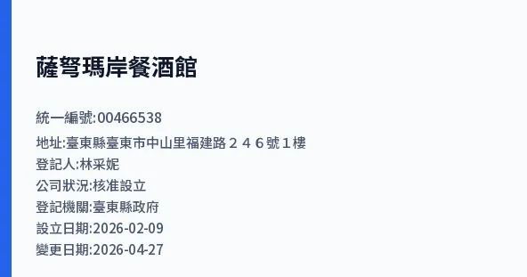 薩弩瑪岸餐酒館的照片-統編 00466538(臺東縣) 公司登記資料與營業項目詳細圖表