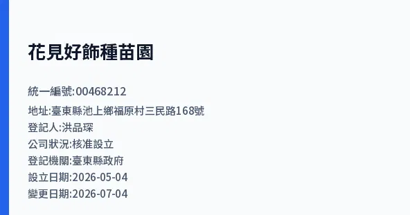 花見好飾種苗園的照片-統編 00468212(臺東縣) 公司登記資料與營業項目詳細圖表