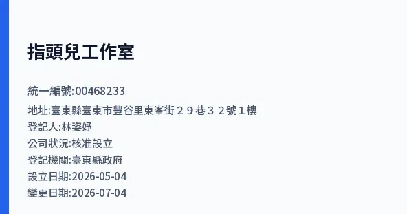 指頭兒工作室的照片-統編 00468233(臺東縣) 公司登記資料與營業項目詳細圖表