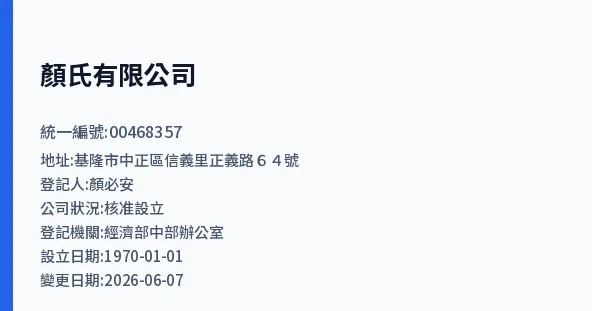 顏氏有限公司的照片-統編 00468357(基隆市) 公司登記資料與營業項目詳細圖表