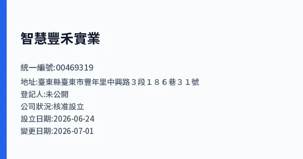 智慧豐禾實業的照片-統編 00469319(臺東縣) 公司登記資料與營業項目詳細圖表