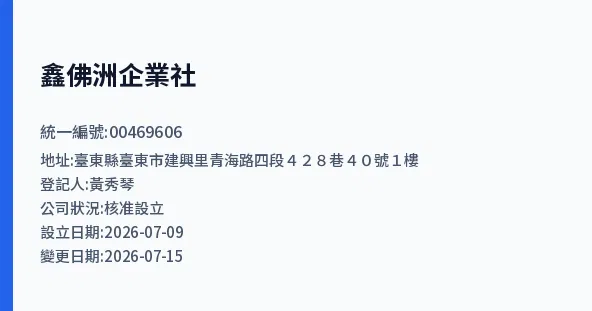 鑫佛洲企業社的照片-統編 00469606(臺東縣) 公司登記資料與營業項目詳細圖表