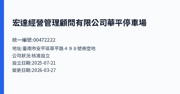 宏達經營管理顧問有限公司華平停車場的照片-統編 00472222(臺南市) 公司登記資料與營業項目詳細圖表