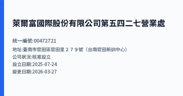 萊爾富國際股份有限公司第五四二七營業處的照片-統編 00472721(臺南市) 公司登記資料與營業項目詳細圖表
