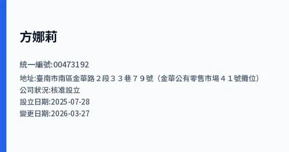方娜莉的照片-統編 00473192(臺南市) 公司登記資料與營業項目詳細圖表