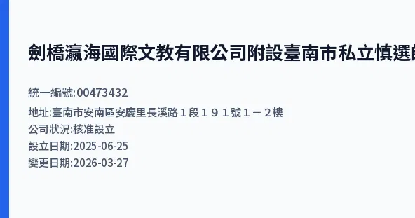 劍橋瀛海國際文教有限公司附設臺南市私立慎選師塾文理短期補習班的照片-統編 00473432(臺南市) 公司登記資料與營業項目詳細圖表