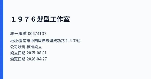1976髮型工作室的照片-統編 00474137(臺南市) 公司登記資料與營業項目詳細圖表