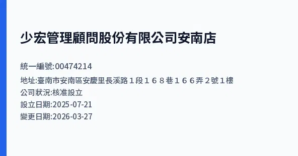 少宏管理顧問股份有限公司安南店的照片-統編 00474214(臺南市) 公司登記資料與營業項目詳細圖表
