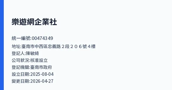 樂遊網企業社的照片-統編 00474349(臺南市) 公司登記資料與營業項目詳細圖表