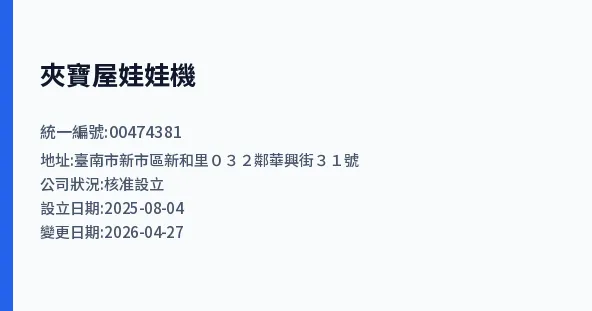 夾寶屋娃娃機的照片-統編 00474381(臺南市) 公司登記資料與營業項目詳細圖表