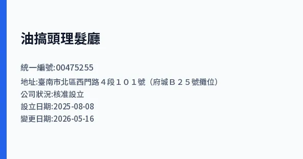 油搞頭理髮廳的照片-統編 00475255(臺南市) 公司登記資料與營業項目詳細圖表