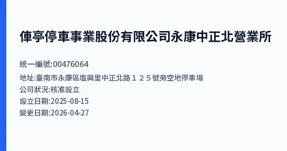 俥亭停車事業股份有限公司永康中正北營業所的照片-統編 00476064(臺南市) 公司登記資料與營業項目詳細圖表