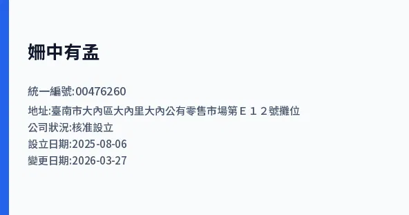 姍中有孟的照片-統編 00476260(臺南市) 公司登記資料與營業項目詳細圖表