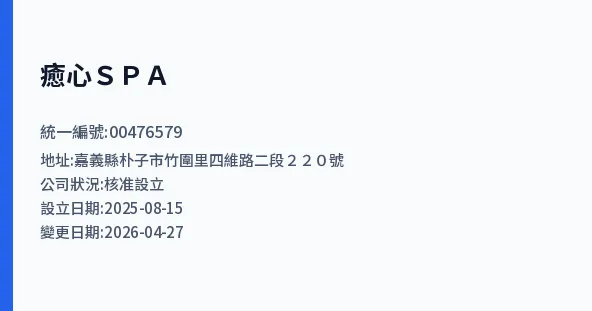 癒心SPA的照片-統編 00476579(嘉義縣) 公司登記資料與營業項目詳細圖表