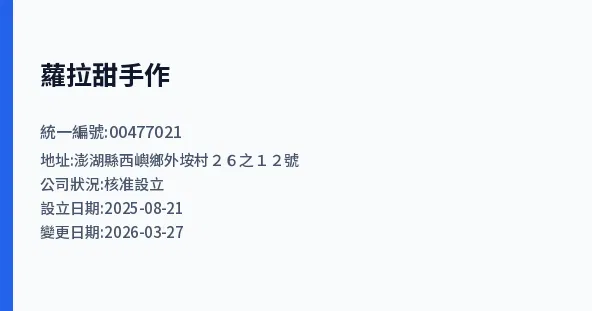 蘿拉甜手作的照片-統編 00477021(澎湖縣) 公司登記資料與營業項目詳細圖表