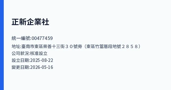 正新企業社的照片-統編 00477459(臺南市) 公司登記資料與營業項目詳細圖表