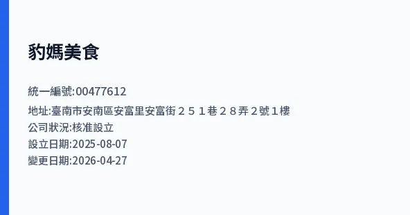 豹媽美食的照片-統編 00477612(臺南市) 公司登記資料與營業項目詳細圖表