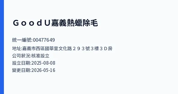 Good U 嘉義熱蠟除毛的照片-統編 00477649(嘉義市) 公司登記資料與營業項目詳細圖表