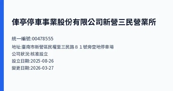 俥亭停車事業股份有限公司新營三民營業所的照片-統編 00478555(臺南市) 公司登記資料與營業項目詳細圖表