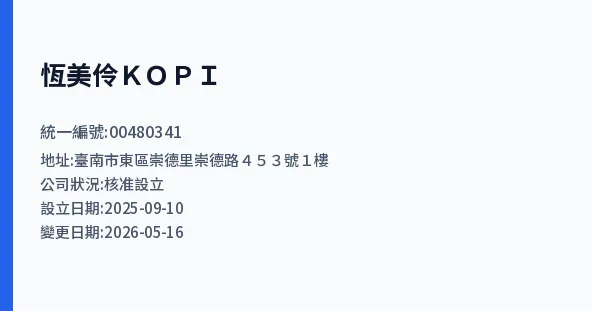 恆美伶KOPI的照片-統編 00480341(臺南市) 公司登記資料與營業項目詳細圖表
