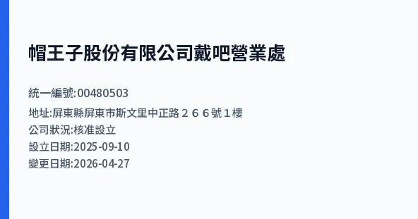 帽王子股份有限公司戴吧營業處的照片-統編 00480503(屏東縣) 公司登記資料與營業項目詳細圖表