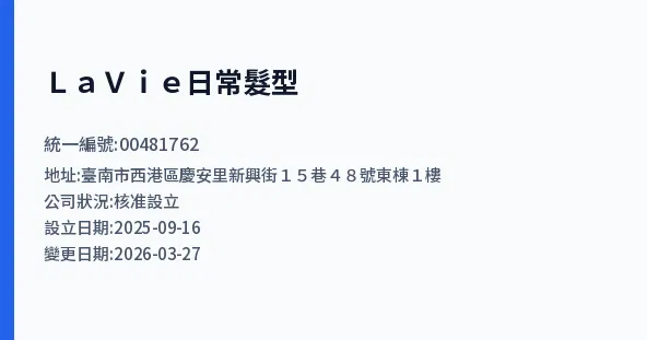 La Vie日常髮型的照片-統編 00481762(臺南市) 公司登記資料與營業項目詳細圖表