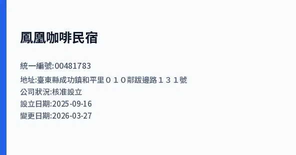 鳳凰咖啡民宿的照片-統編 00481783(臺東縣) 公司登記資料與營業項目詳細圖表
