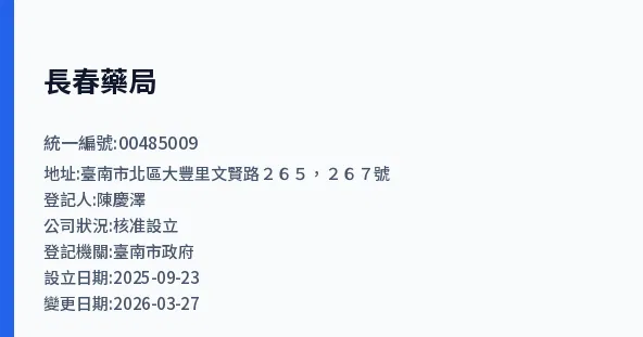 長春藥局的照片-統編 00485009(臺南市) 公司登記資料與營業項目詳細圖表