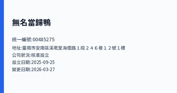 無名當歸鴨的照片-統編 00485275(臺南市) 公司登記資料與營業項目詳細圖表