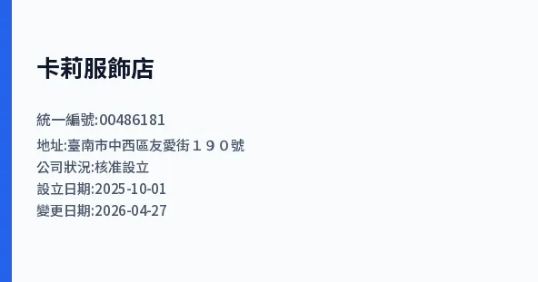卡莉服飾店的照片-統編 00486181(臺南市) 公司登記資料與營業項目詳細圖表