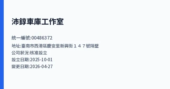 沛錞車庫工作室的照片-統編 00486372(臺南市) 公司登記資料與營業項目詳細圖表