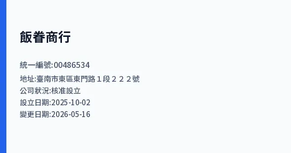 飯眷商行的照片-統編 00486534(臺南市) 公司登記資料與營業項目詳細圖表