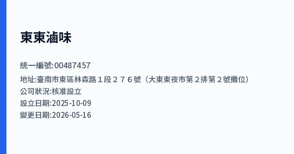 東東滷味的照片-統編 00487457(臺南市) 公司登記資料與營業項目詳細圖表