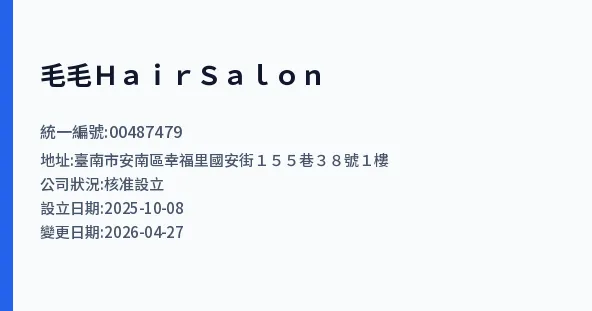 毛毛 Hair Salon的照片-統編 00487479(臺南市) 公司登記資料與營業項目詳細圖表
