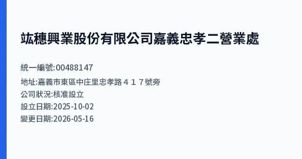 竑穗興業股份有限公司嘉義忠孝二營業處的照片-統編 00488147(嘉義市) 公司登記資料與營業項目詳細圖表
