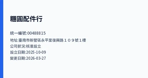 糰圓配件行的照片-統編 00488815(臺南市) 公司登記資料與營業項目詳細圖表
