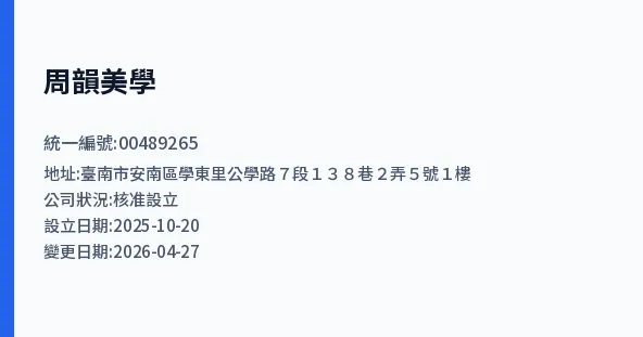 周韻美學的照片-統編 00489265(臺南市) 公司登記資料與營業項目詳細圖表