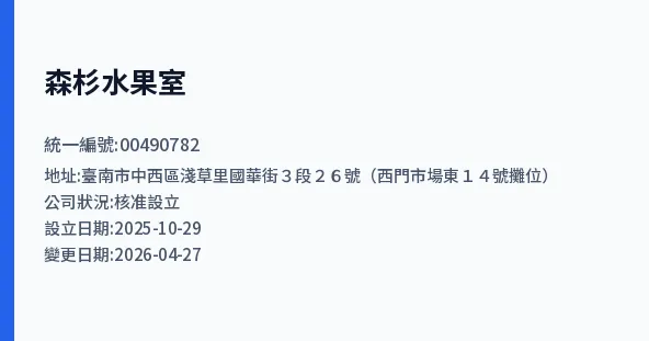 森杉水果室的照片-統編 00490782(臺南市) 公司登記資料與營業項目詳細圖表