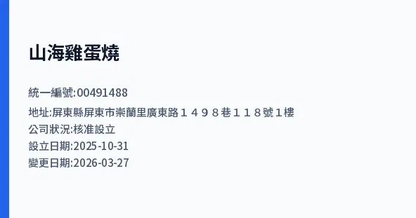 山海雞蛋燒的照片-統編 00491488(屏東縣) 公司登記資料與營業項目詳細圖表