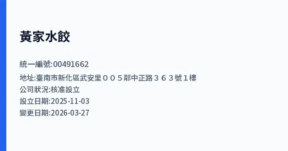 黃家水餃的照片-統編 00491662(臺南市) 公司登記資料與營業項目詳細圖表