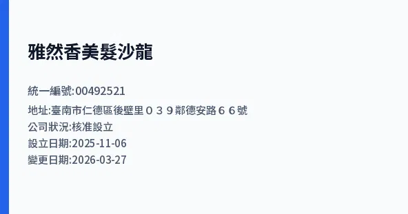 雅然香美髮沙龍的照片-統編 00492521(臺南市) 公司登記資料與營業項目詳細圖表